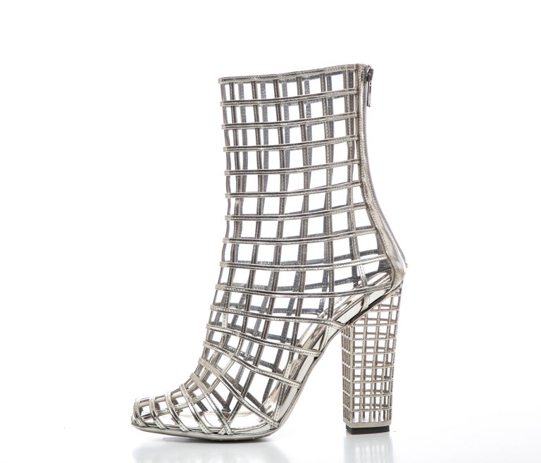 Yves Saint Laurent Silver Metallic Leather Caged Ankle Boots, Spring ...