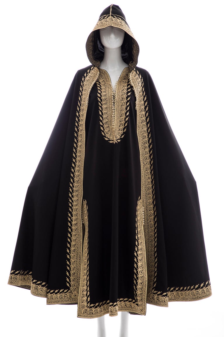 Moroccan Black Kaftan With Gold Embroidery Separate Hooded Cape, Circa ...