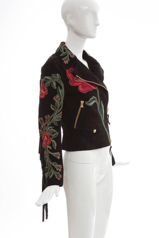 Moschino Black Suede Gold Stud Embroidered Jacket With Fringe Trim ...