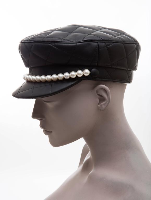 Jeremy Scott For Moschino Couture Black Quilted Leather Biker Hat, Fall ...