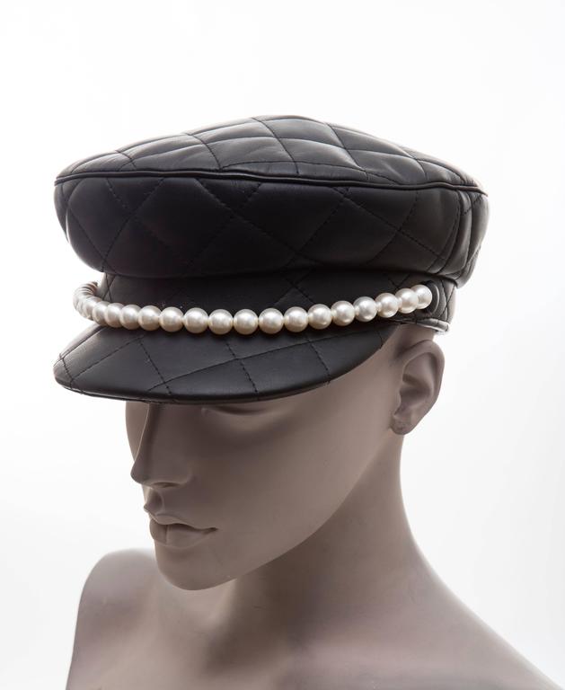Jeremy Scott For Moschino Couture Black Quilted Leather Biker Hat, Fall ...