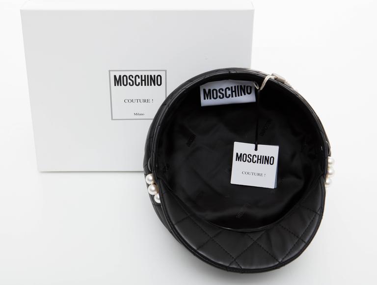 Jeremy Scott For Moschino Couture Black Quilted Leather Biker Hat, Fall ...