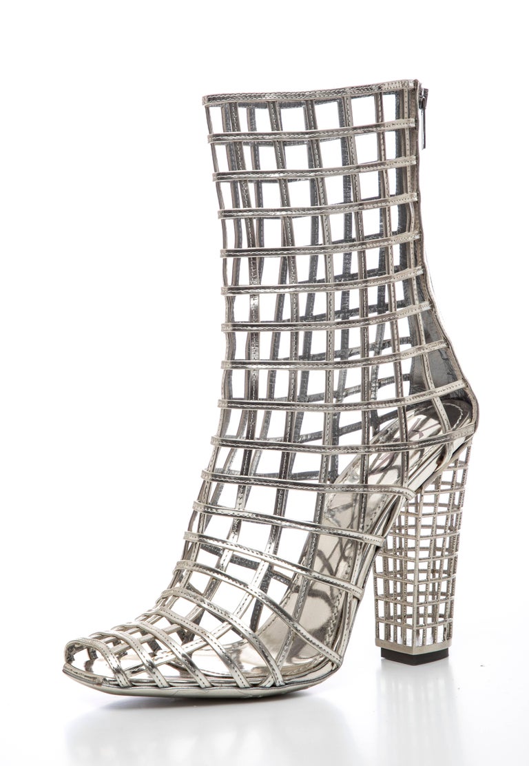 Yves Saint Laurent Silver Metallic Leather Caged Ankle Boots, Spring ...