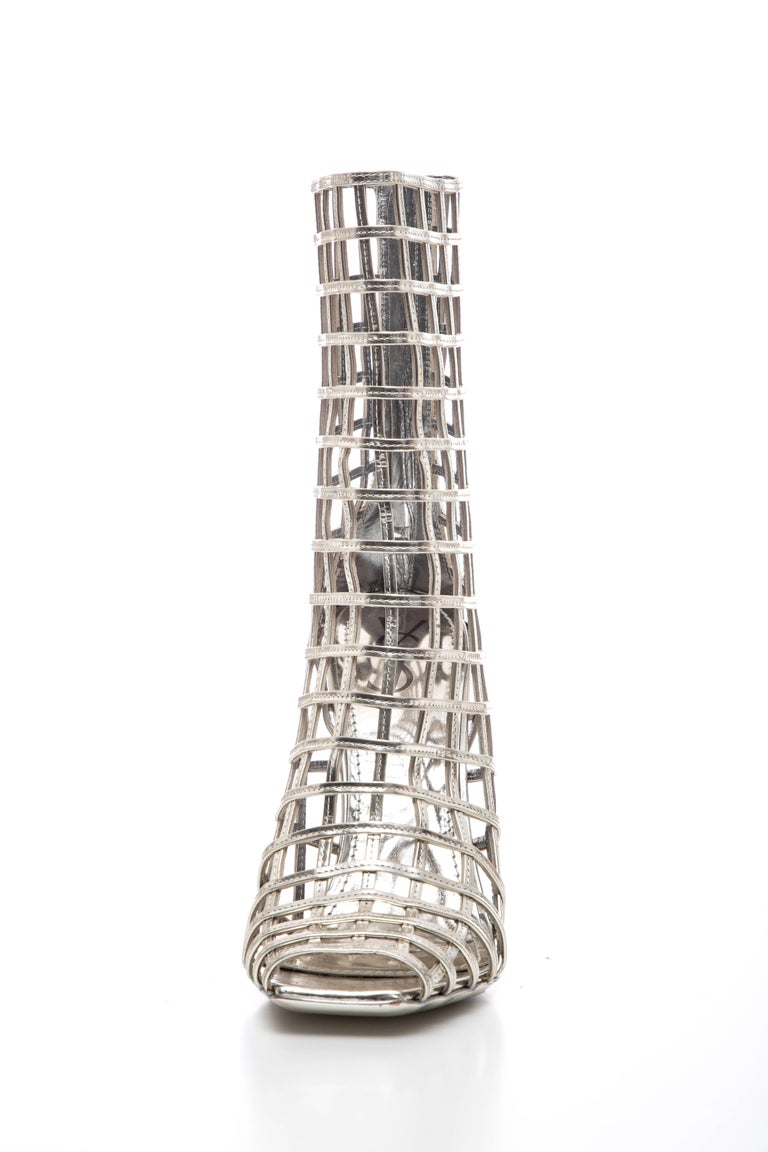 Yves Saint Laurent Silver Metallic Leather Caged Ankle Boots, Spring ...