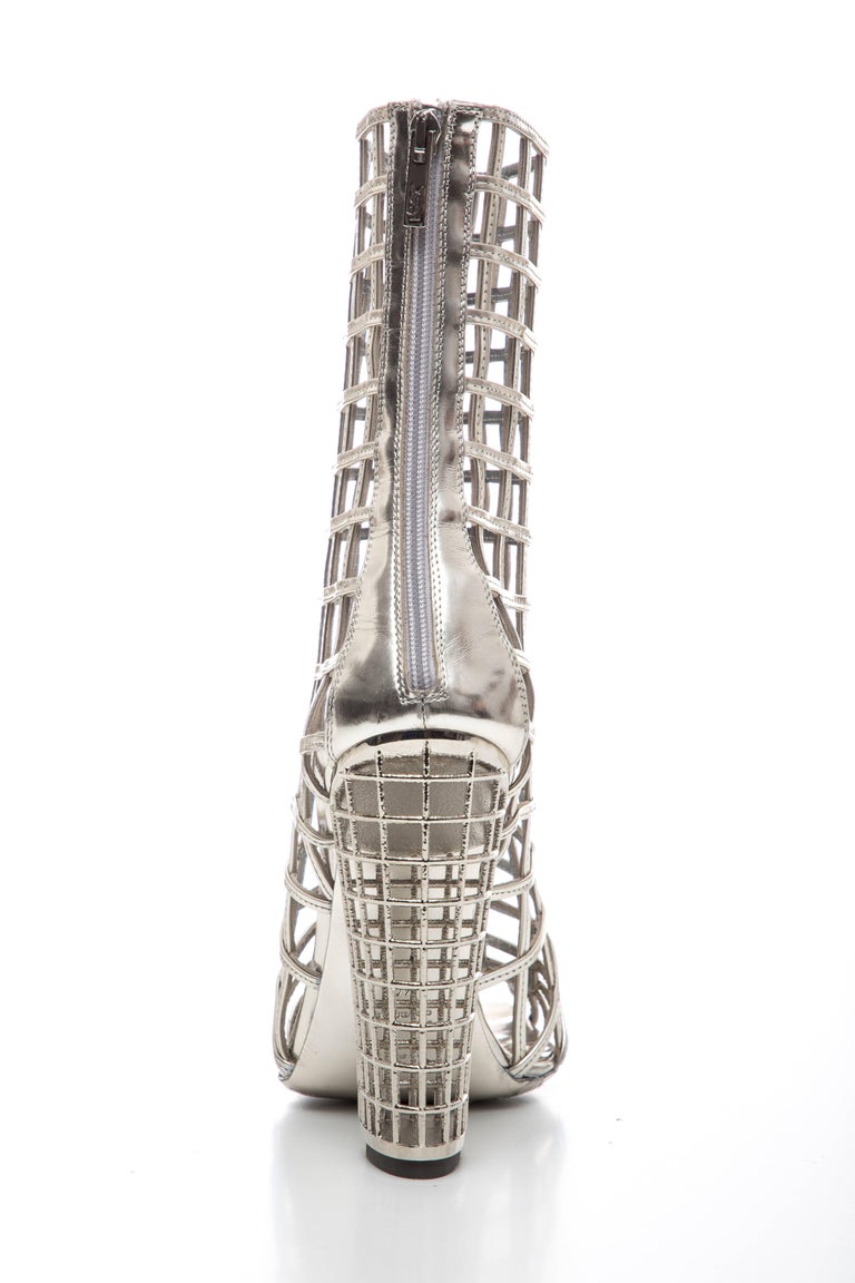 Yves Saint Laurent Silver Metallic Leather Caged Ankle Boots, Spring ...