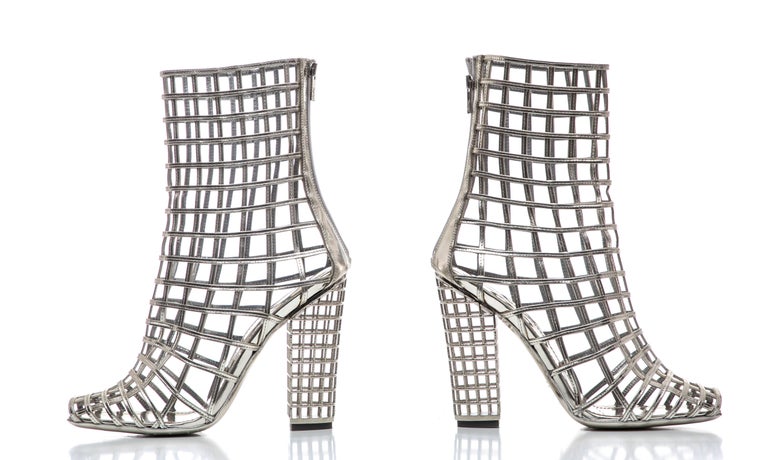 Yves Saint Laurent Silver Metallic Leather Caged Ankle Boots, Spring ...