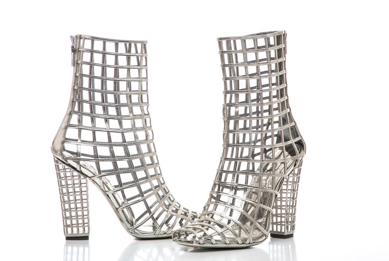 Yves Saint Laurent Silver Metallic Leather Caged Ankle Boots, Spring ...