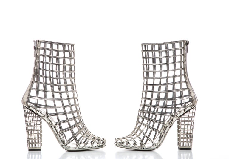 Yves Saint Laurent Silver Metallic Leather Caged Ankle Boots, Spring ...