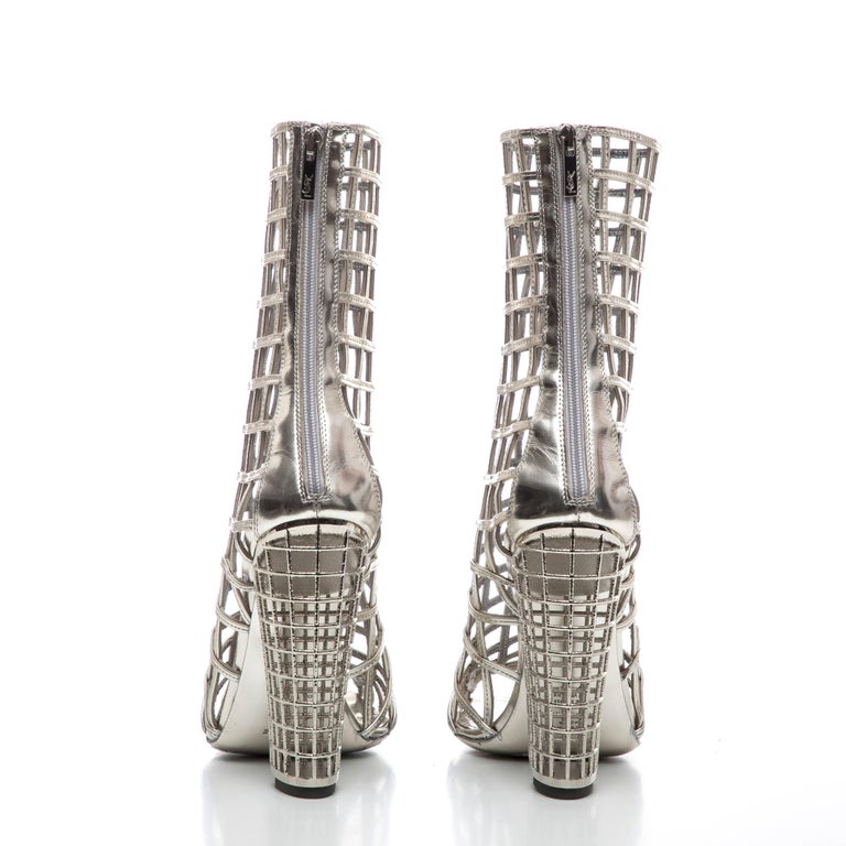 Yves Saint Laurent Silver Metallic Leather Caged Ankle Boots, Spring ...
