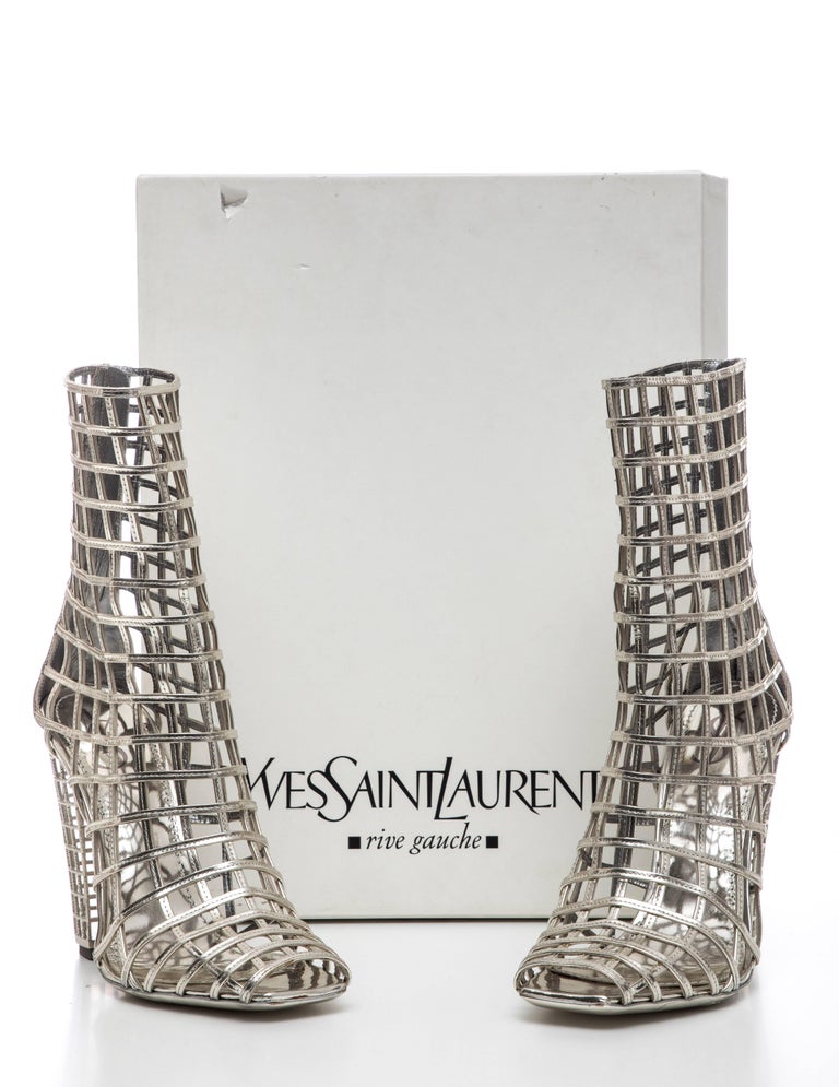 Yves Saint Laurent Silver Metallic Leather Caged Ankle Boots, Spring ...
