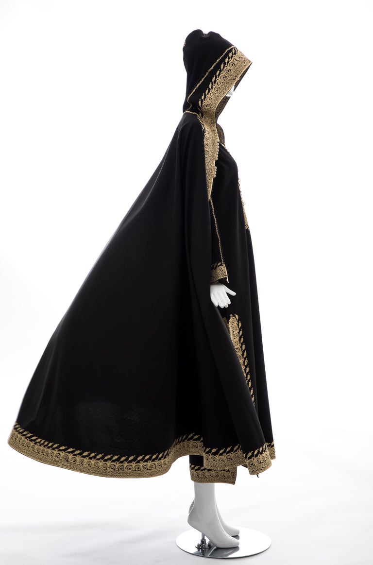 Moroccan Black Kaftan With Gold Embroidery Separate Hooded Cape, Circa ...