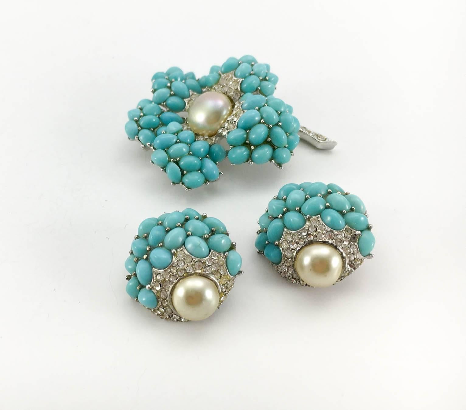 Boucher Faux Turquoise and Pearl Earring and Brooch Set - 1950s at 1stDibs
