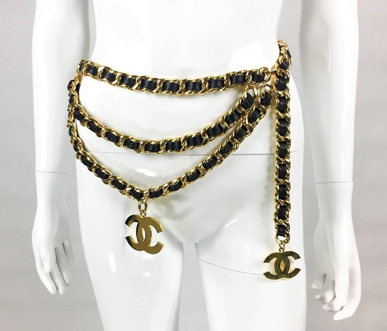 Chanel Runway Black Leather and Gold-Tone Chain Logo Belt - Circa 1992 ...