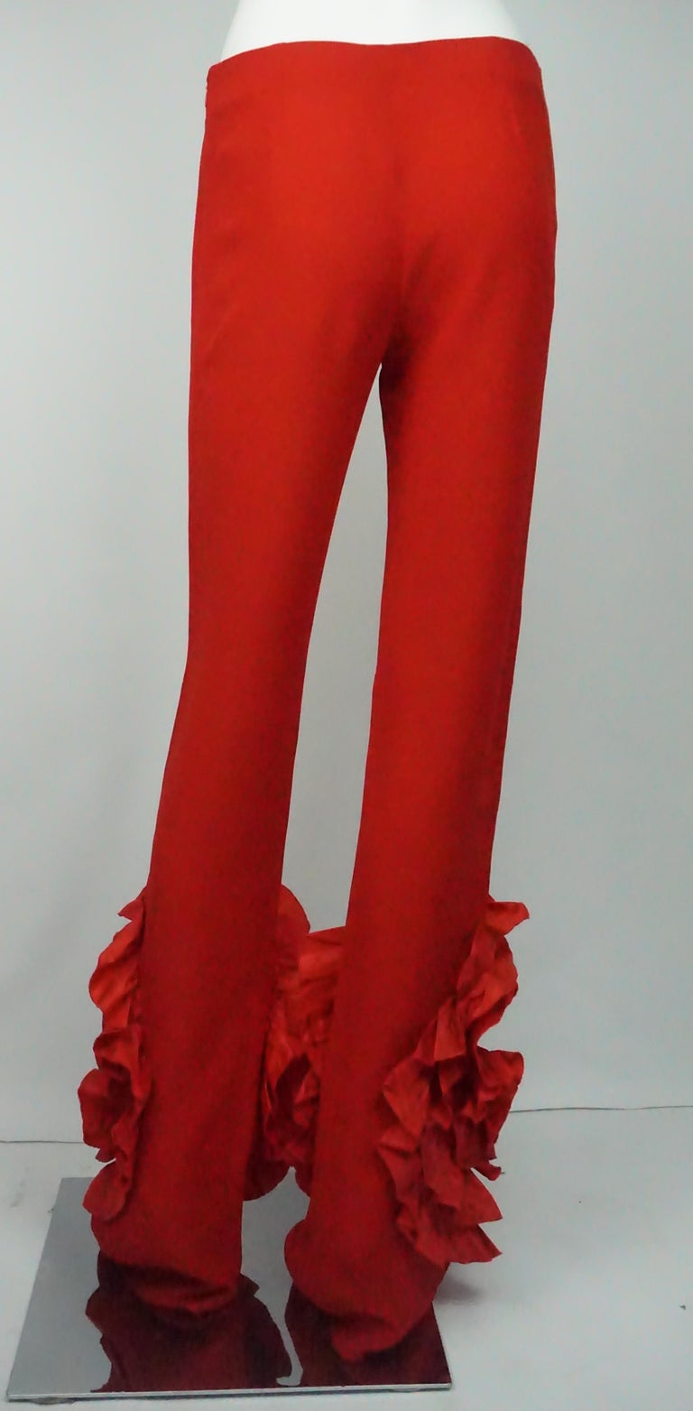 Valentino Red Silk Pants w/ Floral Detail - 8 at 1stDibs