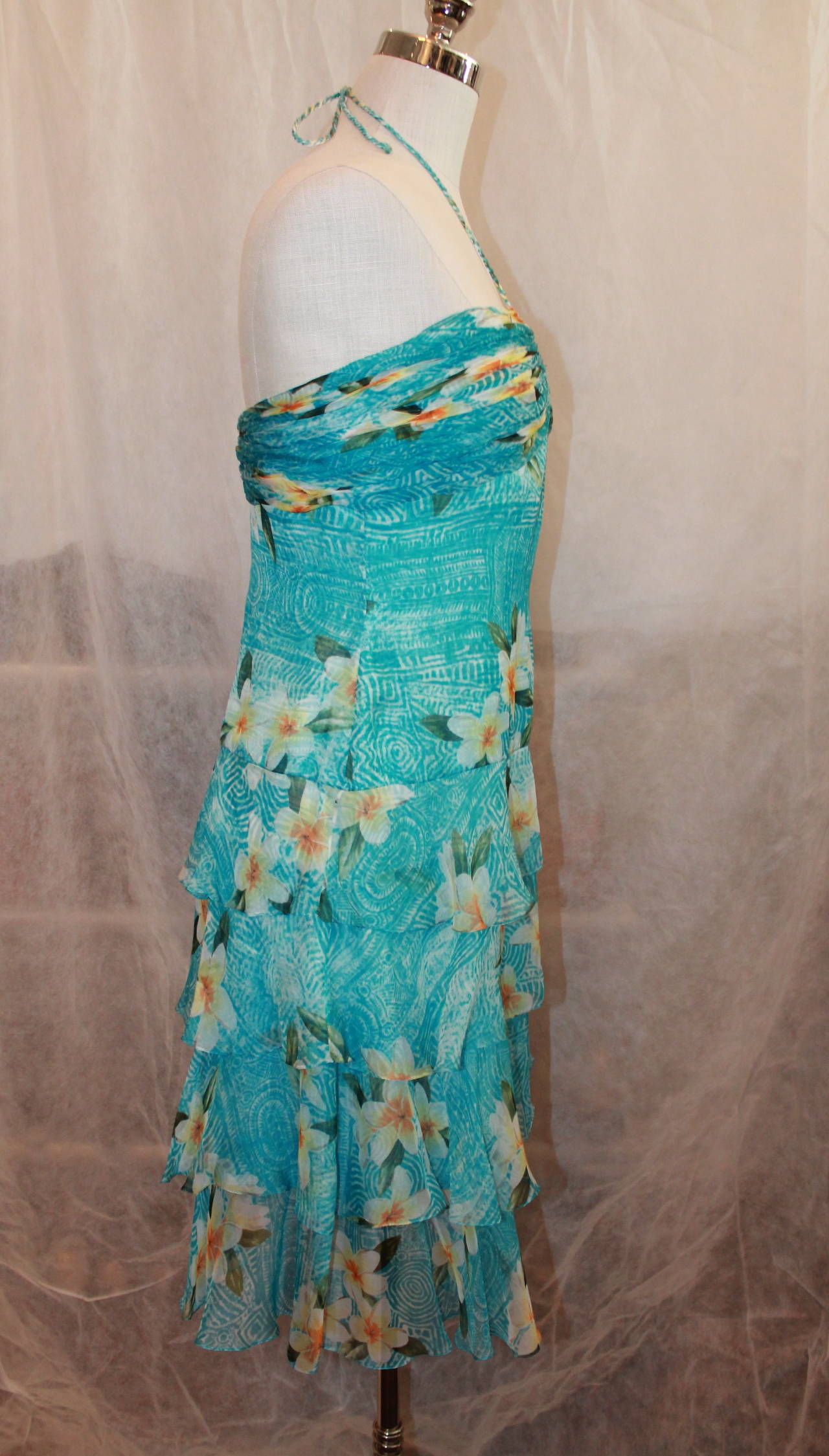 Oscar de la Renta Blue Hawaiian Print Halter Dress and Shawl - 10 at ...