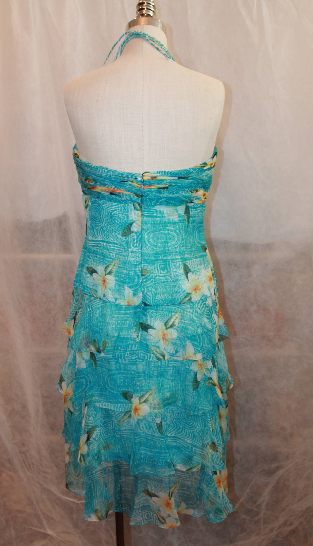 Oscar de la Renta Blue Hawaiian Print Halter Dress and Shawl - 10 at ...