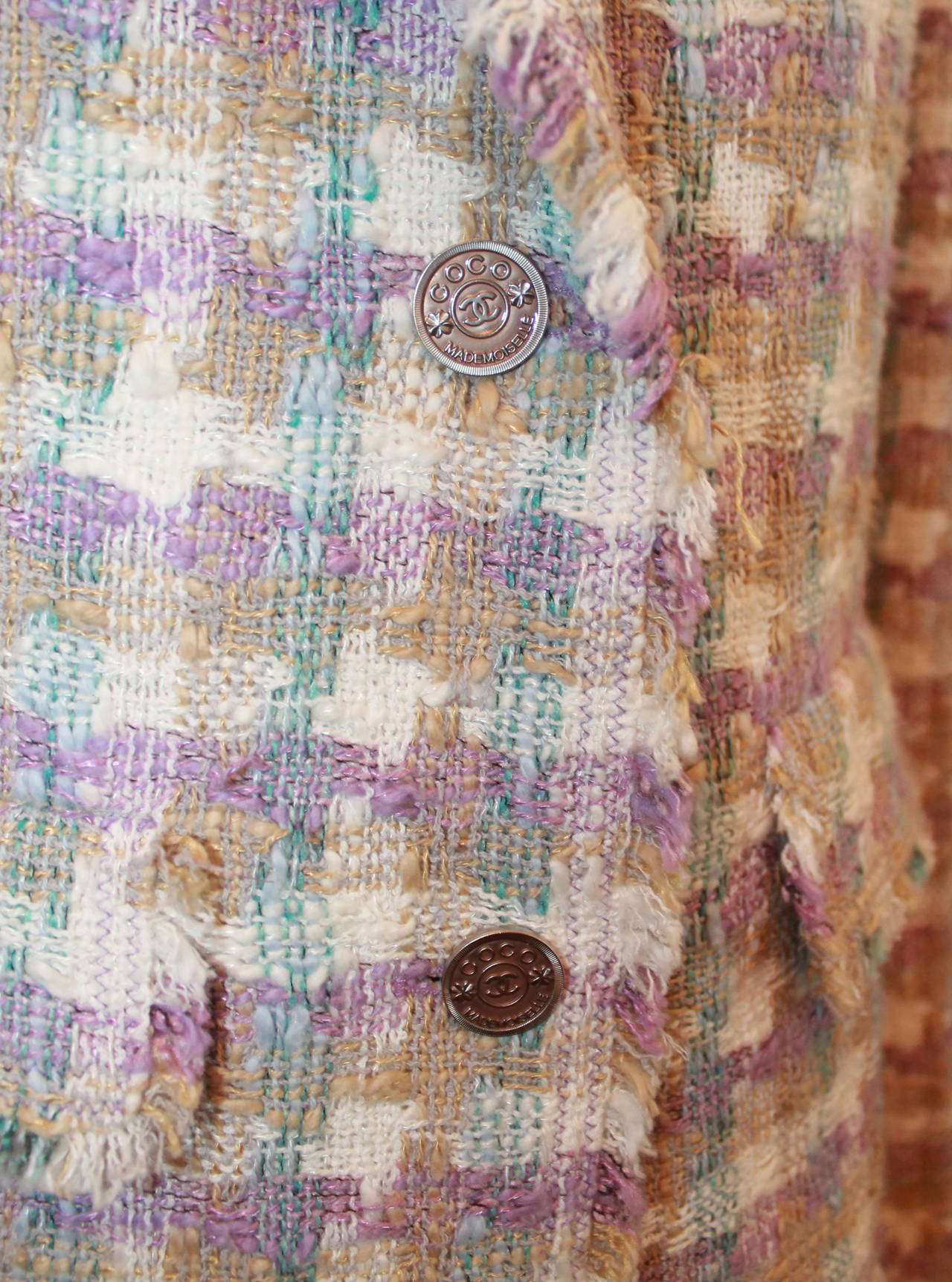 2005 Chanel Multi Color Pastel Tweed Jacket with Mademoiselle Buttons ...