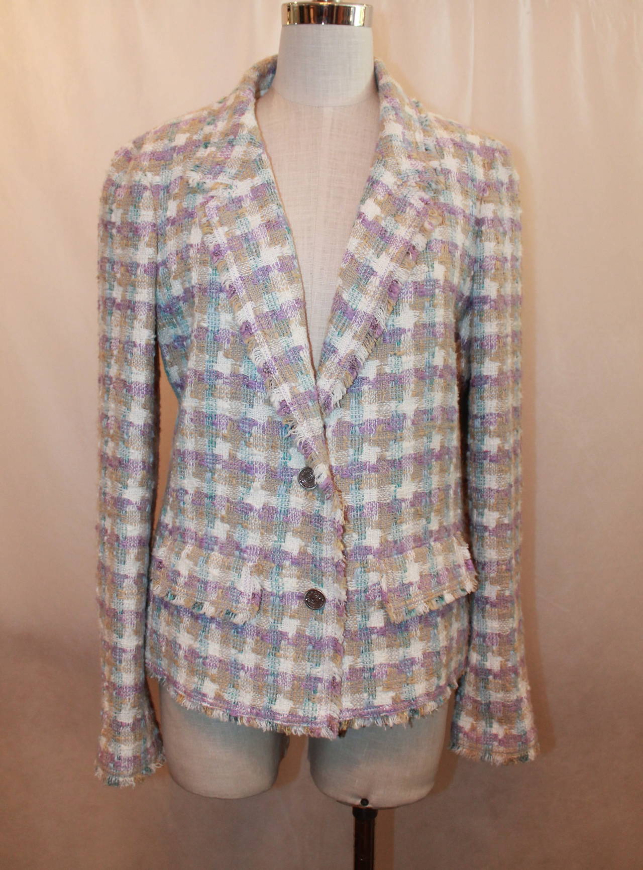 2005 Chanel Multi Color Pastel Tweed Jacket with Mademoiselle Buttons ...