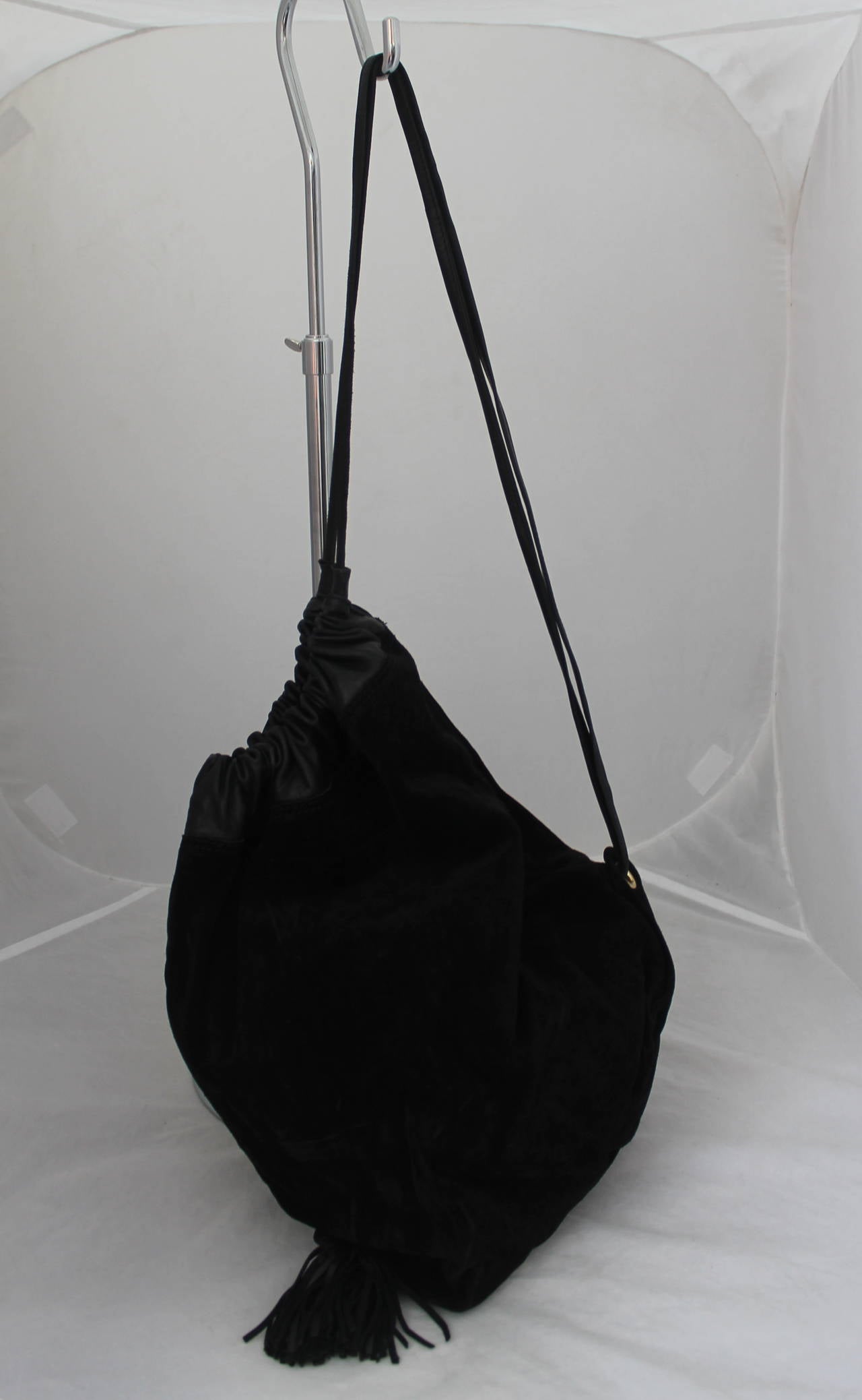 1980s Bottega Veneta Black Suede and Leather Drawstring Bag at 1stDibs