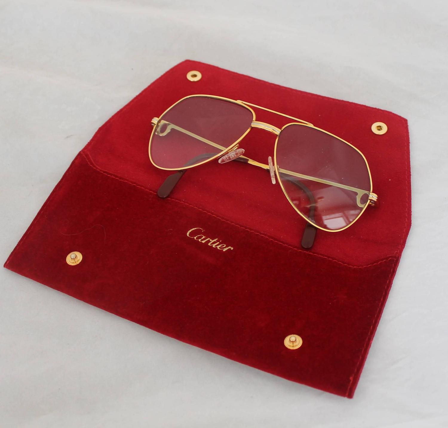 Cartier Gold Rimmed Aviator-Style Sunglasses w/ Blue Faded Lenses For ...