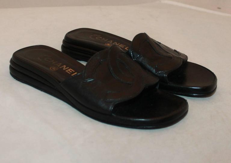 Chanel Black Leather Slide Sandals with Front "CC" - 6.5 at 1stDibs ...