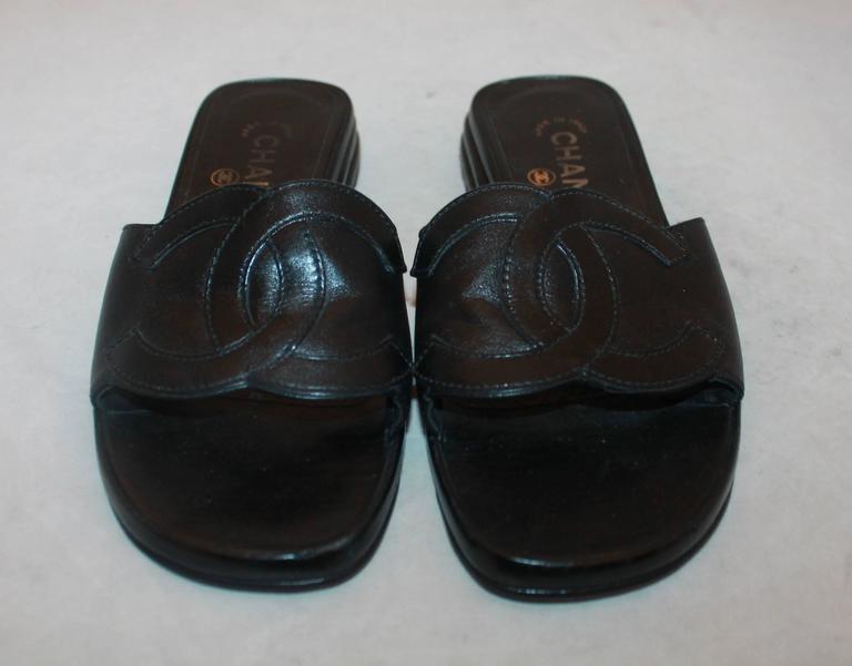 Chanel Black Leather Slide Sandals with Front "CC" - 6.5 at 1stDibs ...
