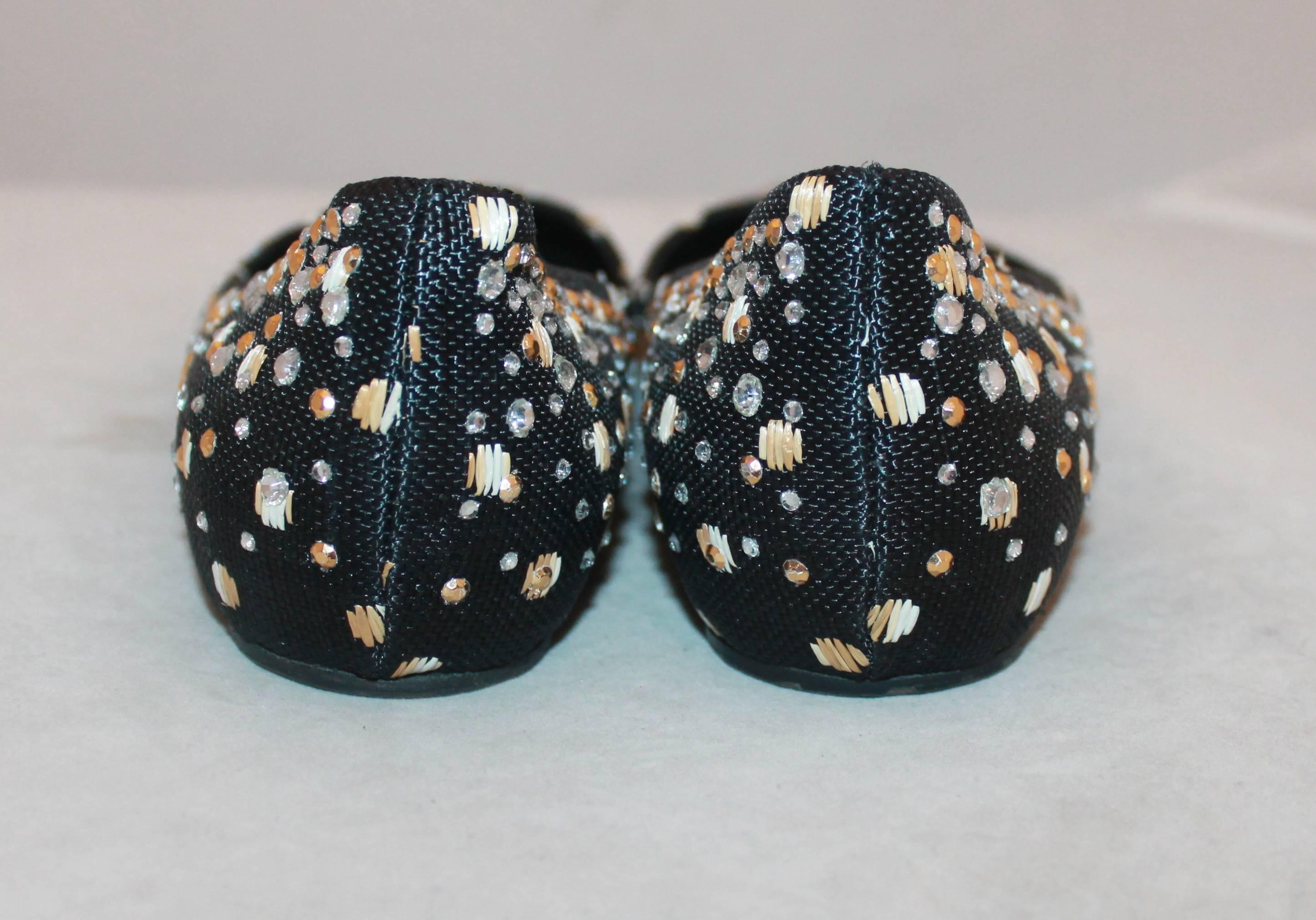 Valentino Black Raffia Ballerina Style Flats w/ Rhinestones - 38.5 For ...