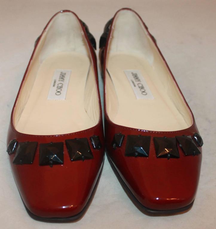 Jimmy Choo Red Patent Flats w/ Black Stone Beads - 37 For Sale at 1stDibs