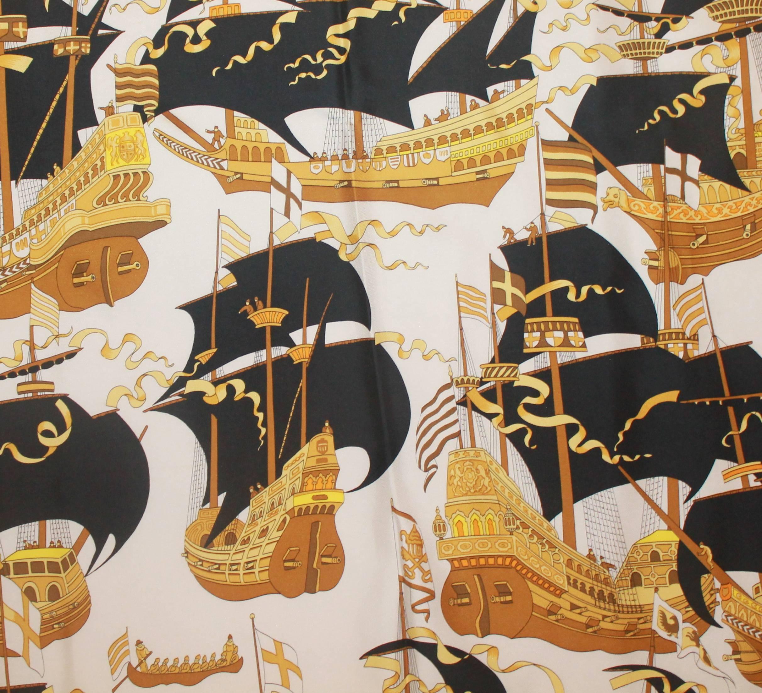 Hermes Gold and Ivory "Armada" Ship Theme Silk Scarf For Sale at ...