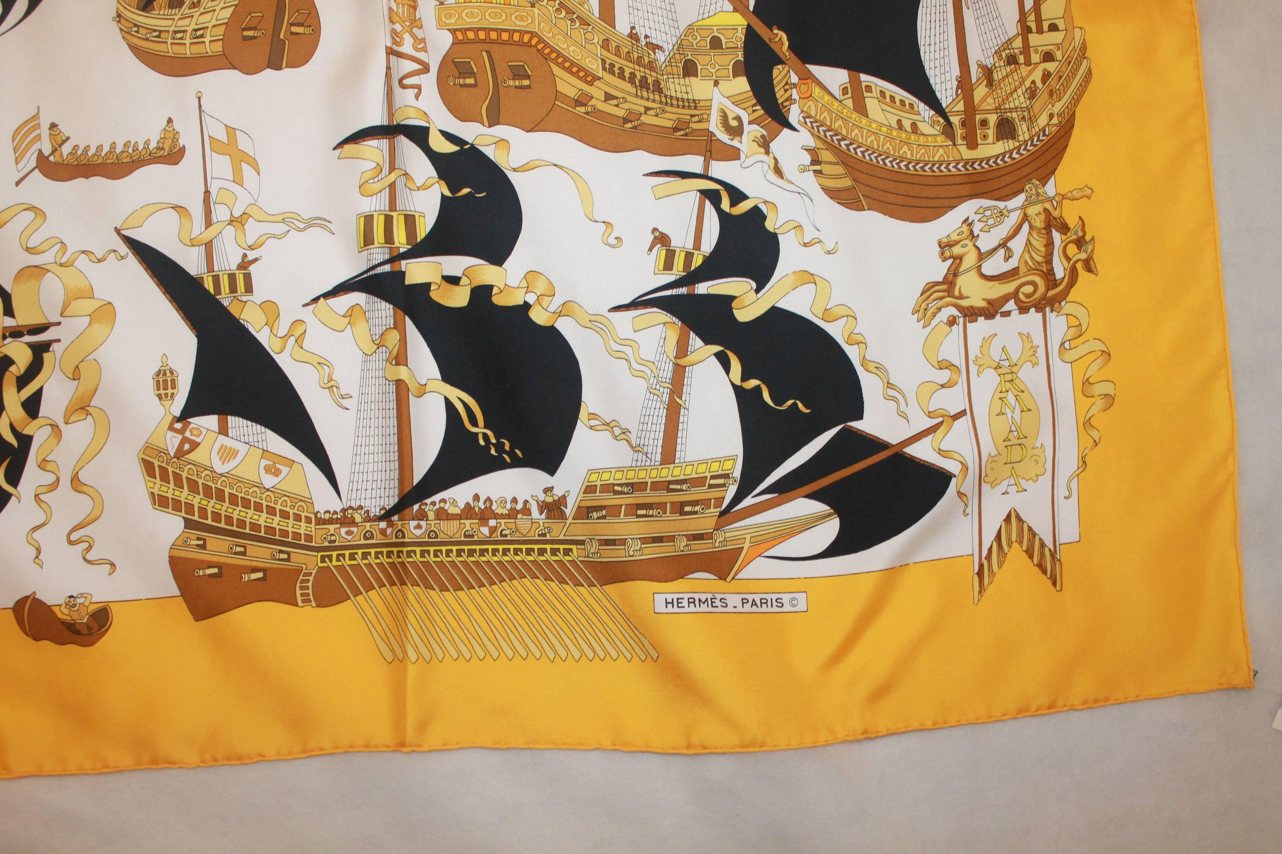 Hermes Gold and Ivory "Armada" Ship Theme Silk Scarf For Sale at ...