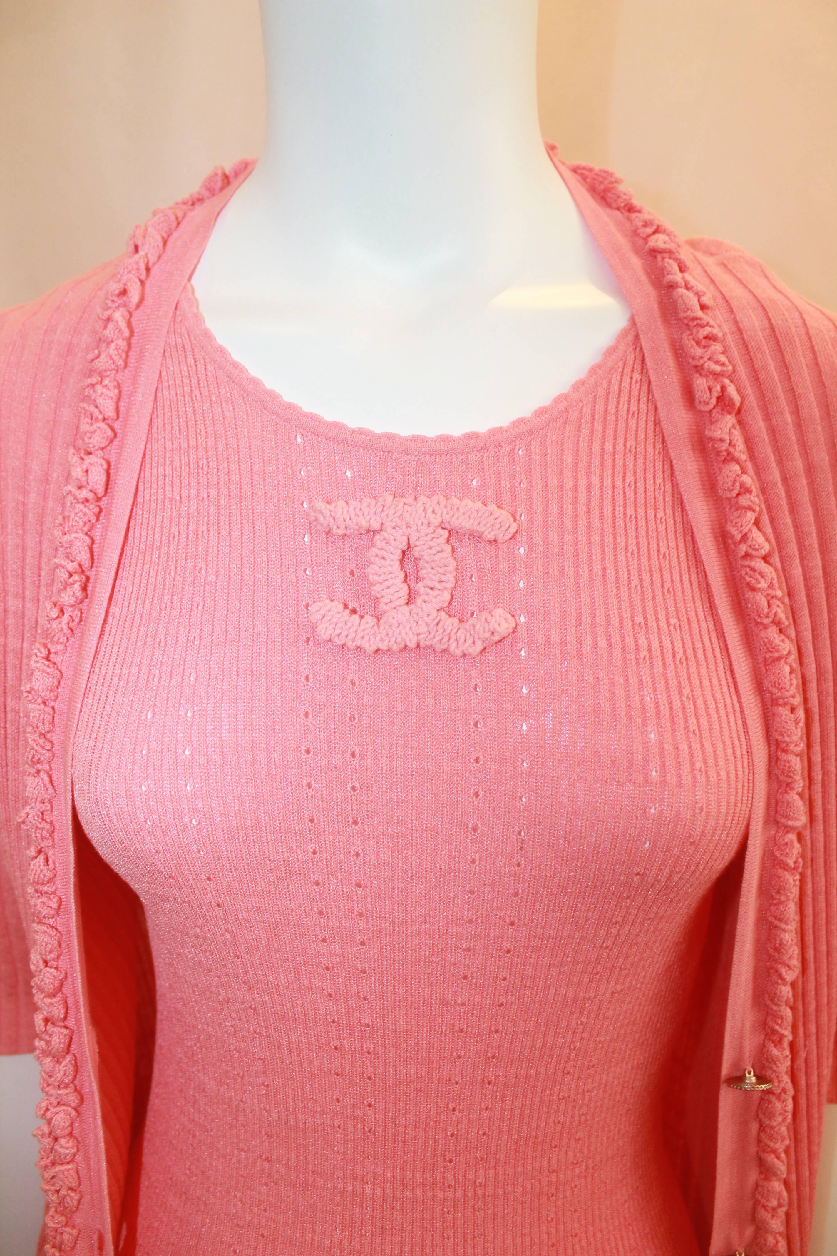Chanel Coral Cotton Blend Knitted Sweater Set - 42 - 09P at 1stDibs