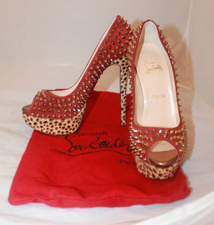 Louboutin Red Suede Spike and Leopard Print Pony Hair Platform Heels ...
