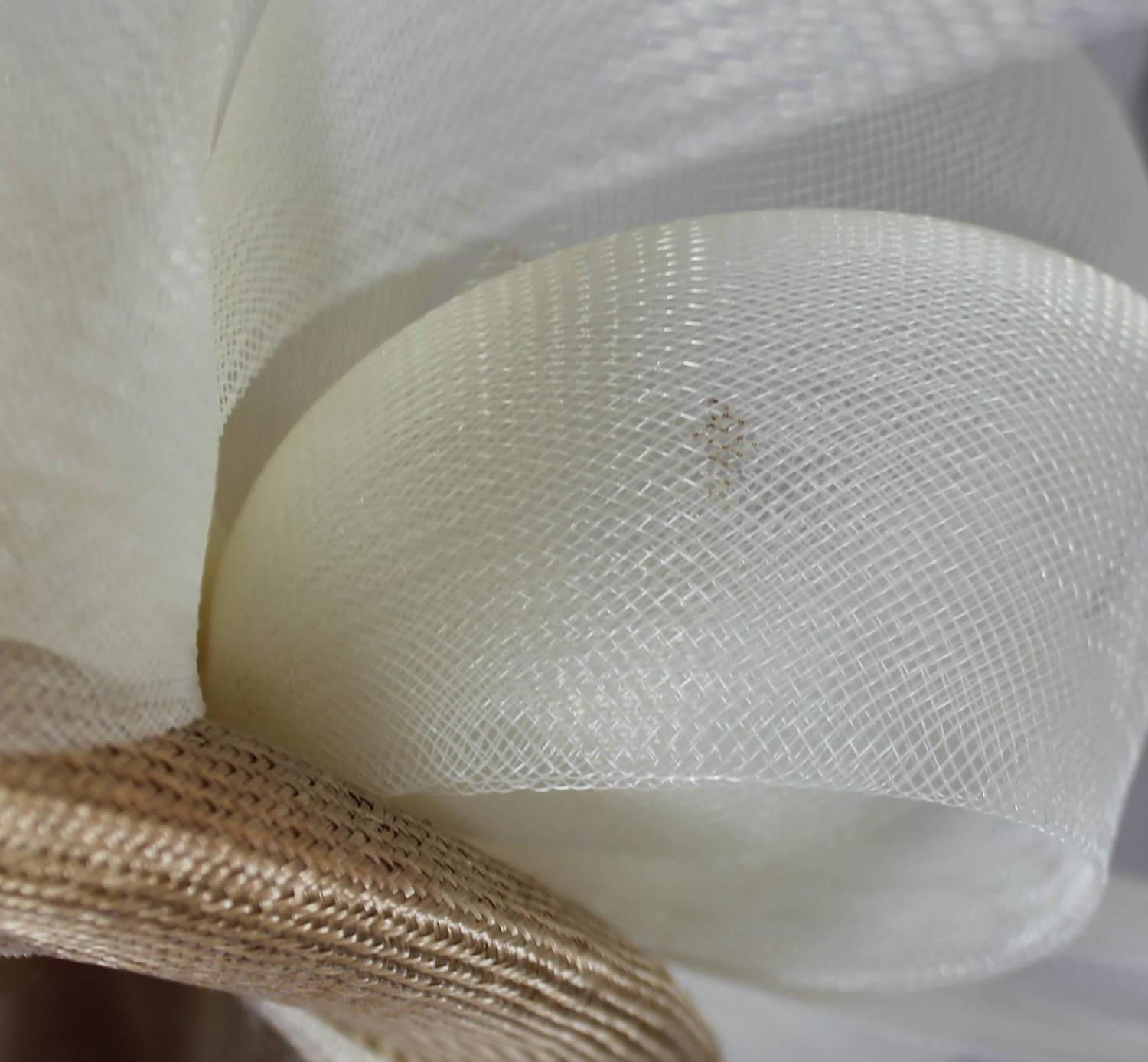 Suzanne Couture Millinery Tan Straw Hat with Ivory Mesh Ribbon For Sale ...
