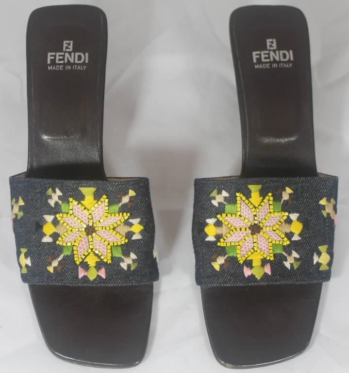 Fendi Denim Slides with Multi-Colored Embroidered and Beaded Design ...
