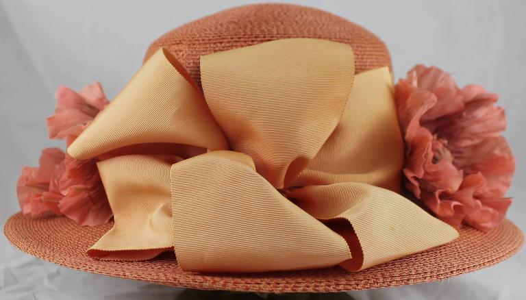 Suzanne Custom Millinery Salmon Round Brim Hat with Large Flowers and ...