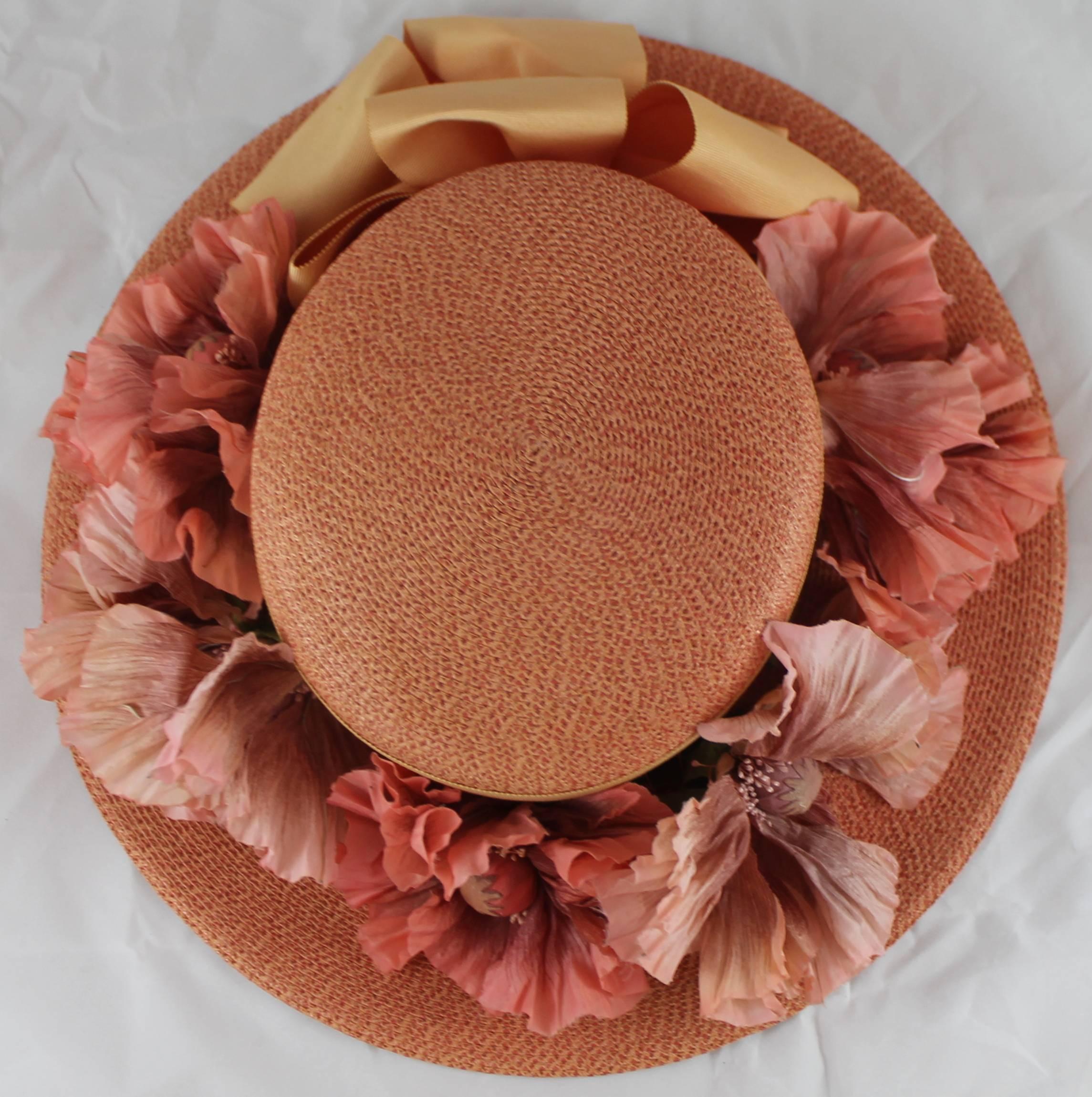 Suzanne Custom Millinery Salmon Round Brim Hat with Large Flowers and ...