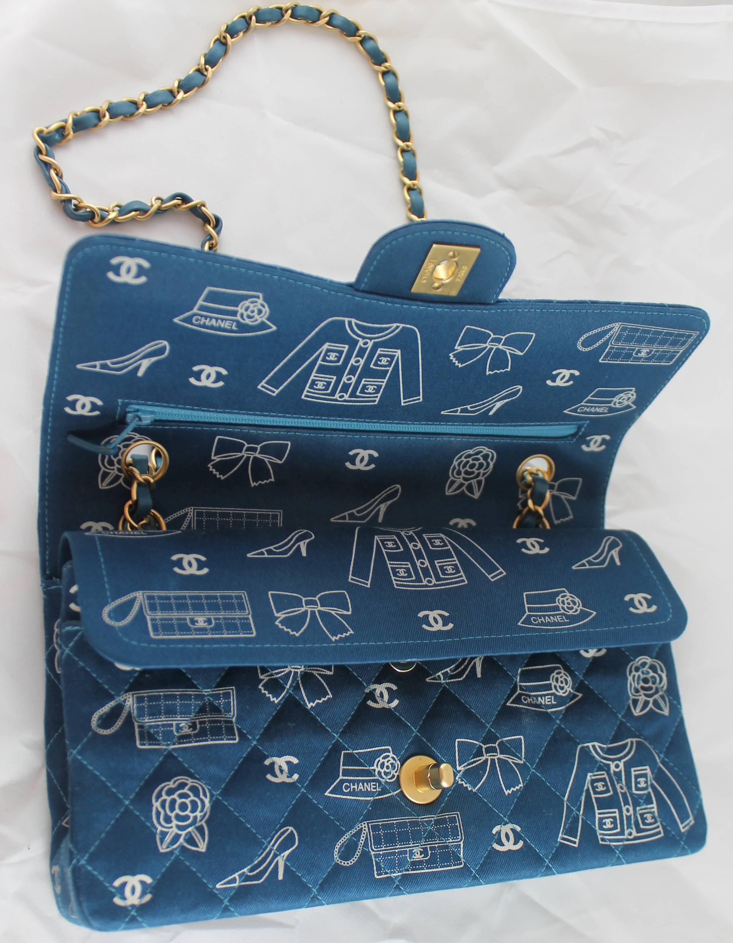 Chanel Blue Motif Printed Cloth Double Flap Bag w/ Chain Strap - GHW ...