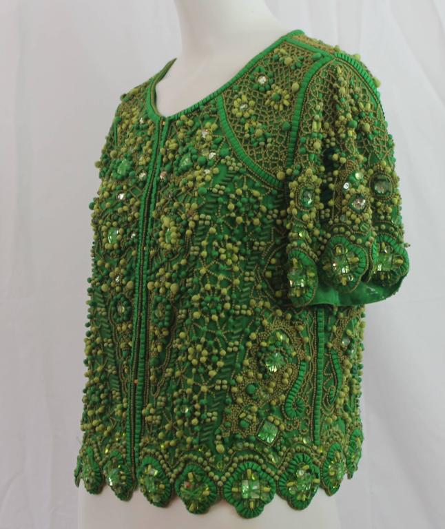 Escada Green Silk Heavily Beaded Jacket/Top - 36 at 1stDibs