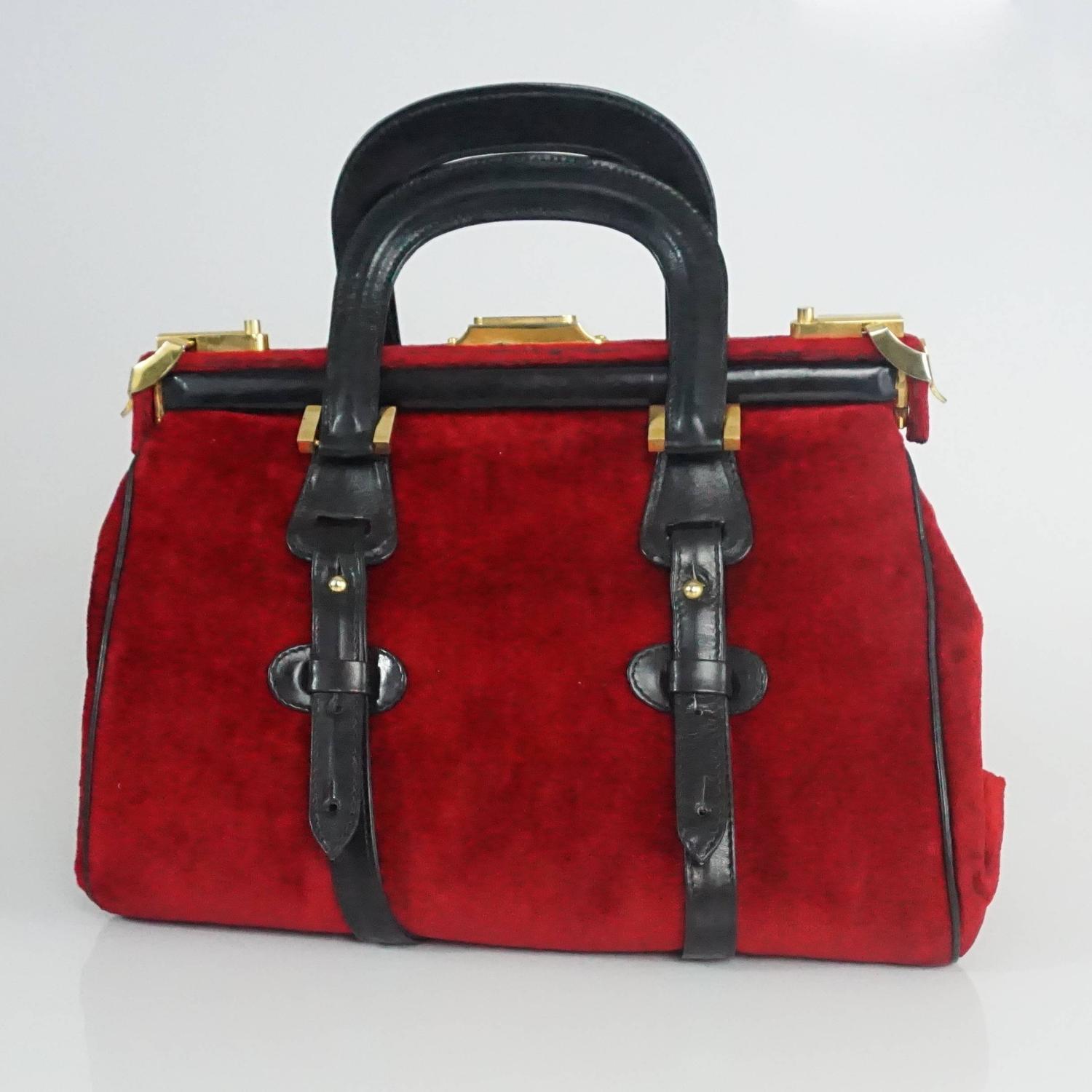 Cesare Piccini Vintage Red Velvet Handbag with Black Leather Trim ...