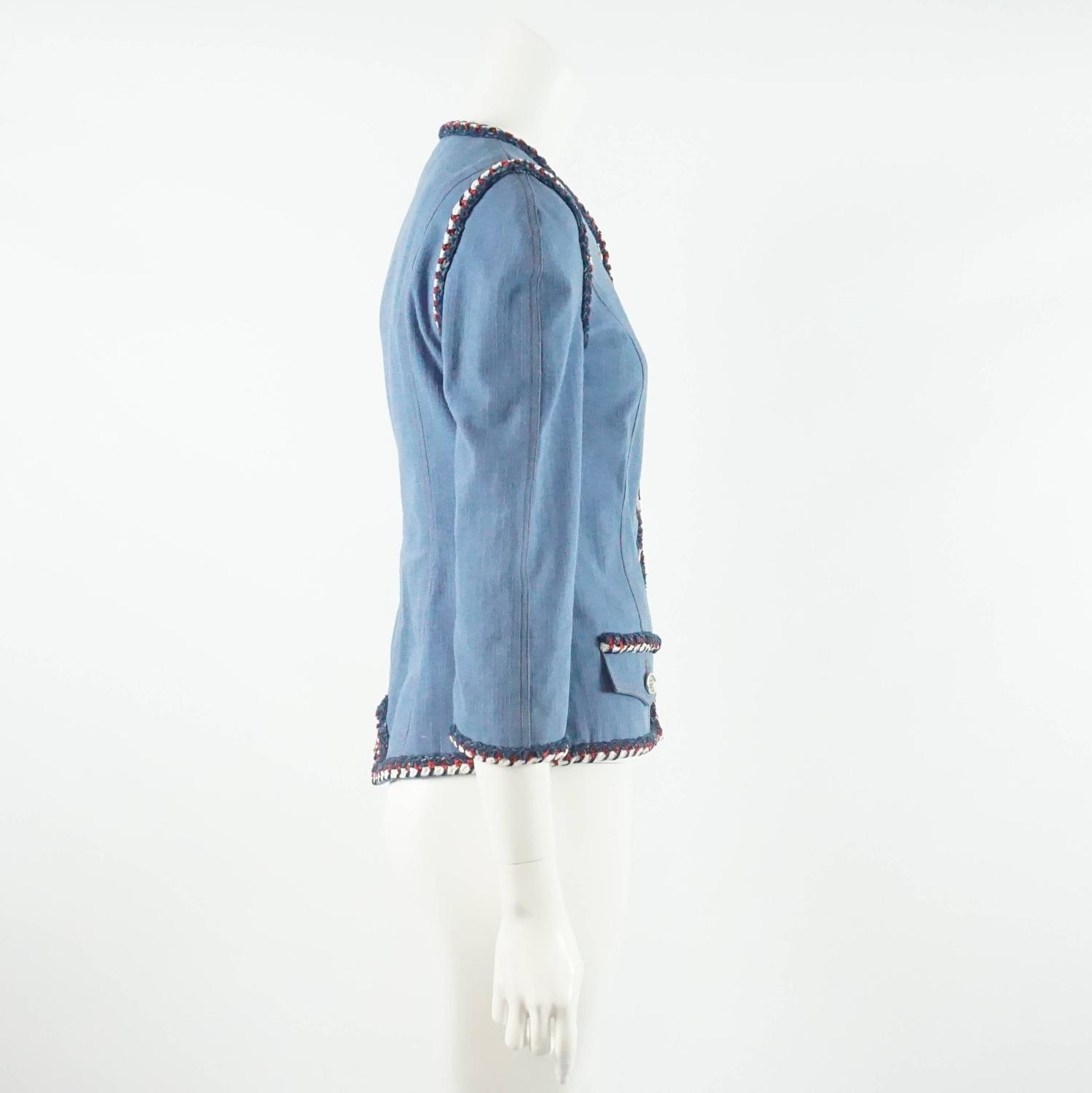 Chanel Light Blue Cotton Jacket w/ Red/White/Blue Silk Braided Ribbon ...