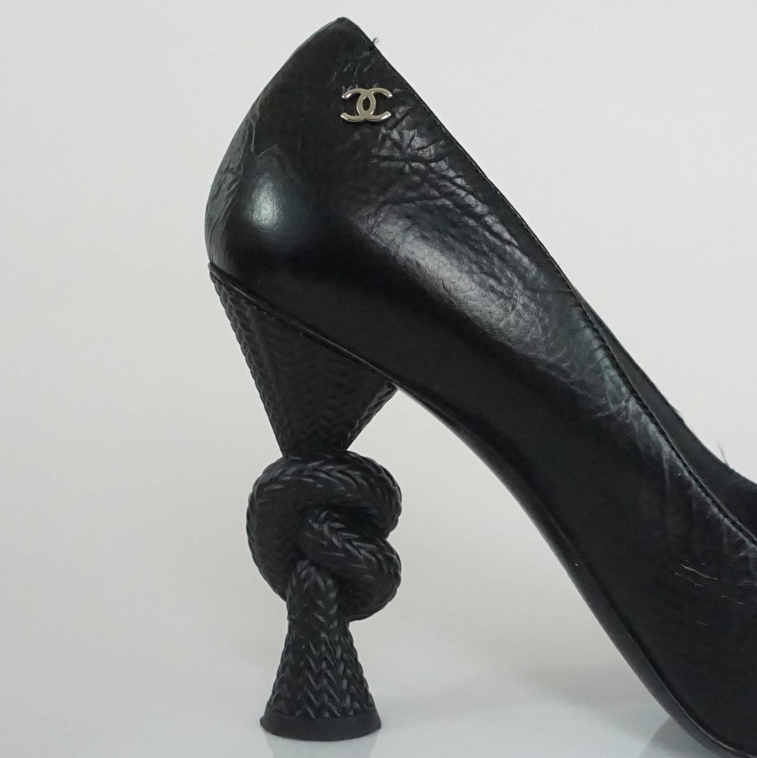 Chanel Black Leather and Patent Pump w/ Rope Knot Heel - 40.5 For Sale ...