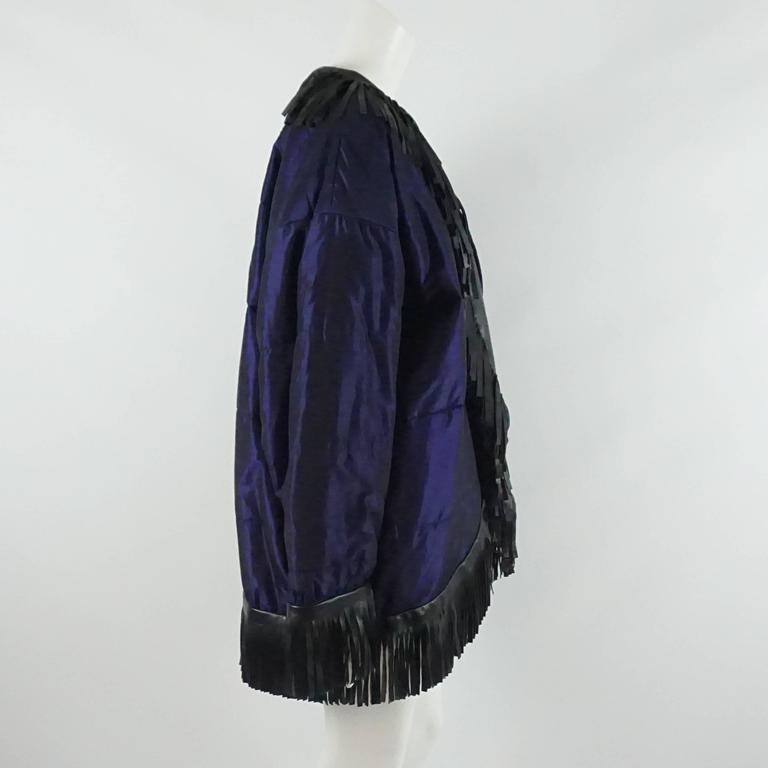 YSL Blue Puffer Coat with Black Fringe Trim - 40 - 1980's For Sale at ...