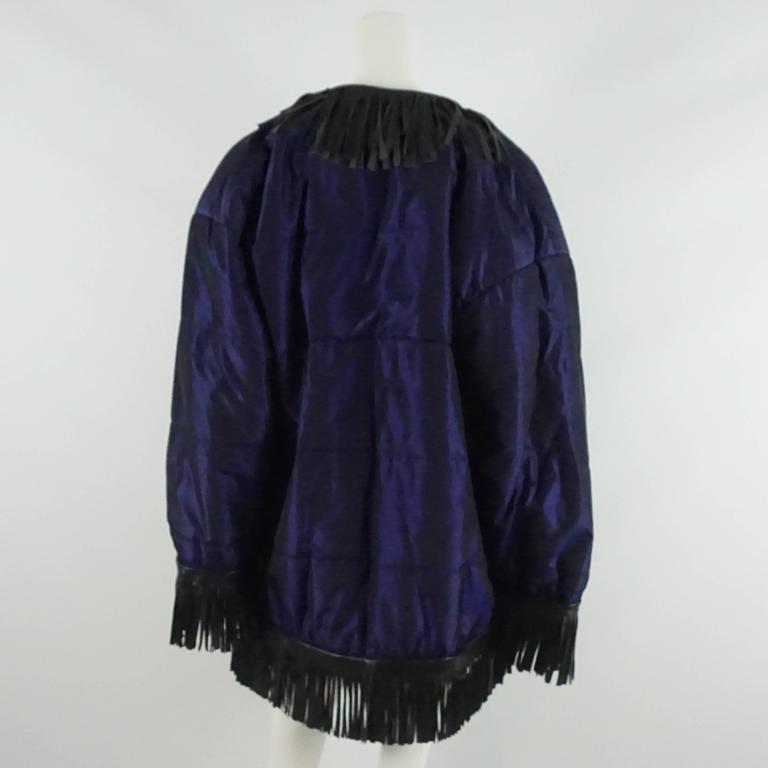 YSL Blue Puffer Coat with Black Fringe Trim - 40 - 1980's For Sale at ...