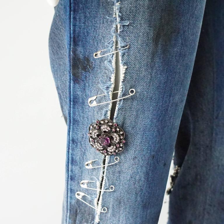 Dolce and Gabbana Ripped Grunge Jeans with Rhinestone Brooches - S at ...