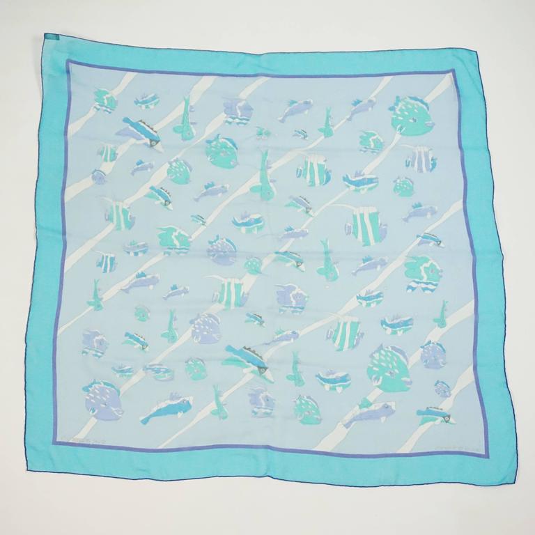 Hermes Blue and Aqua "Au clair de la mer" Silk Chiffon Fish Scarf at ...