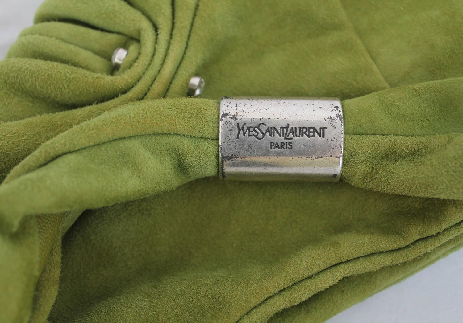 YSL Green Suede Bag with Front Ruching and Rhinestones For Sale at 1stdibs