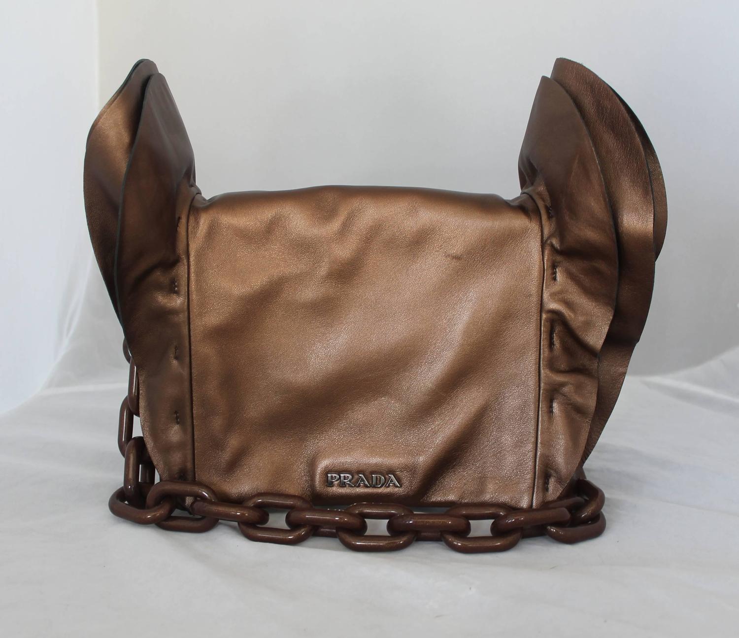 Prada Bronze Leather Handbag w/ Side Ruffles and Brown Glitter Enamel ...