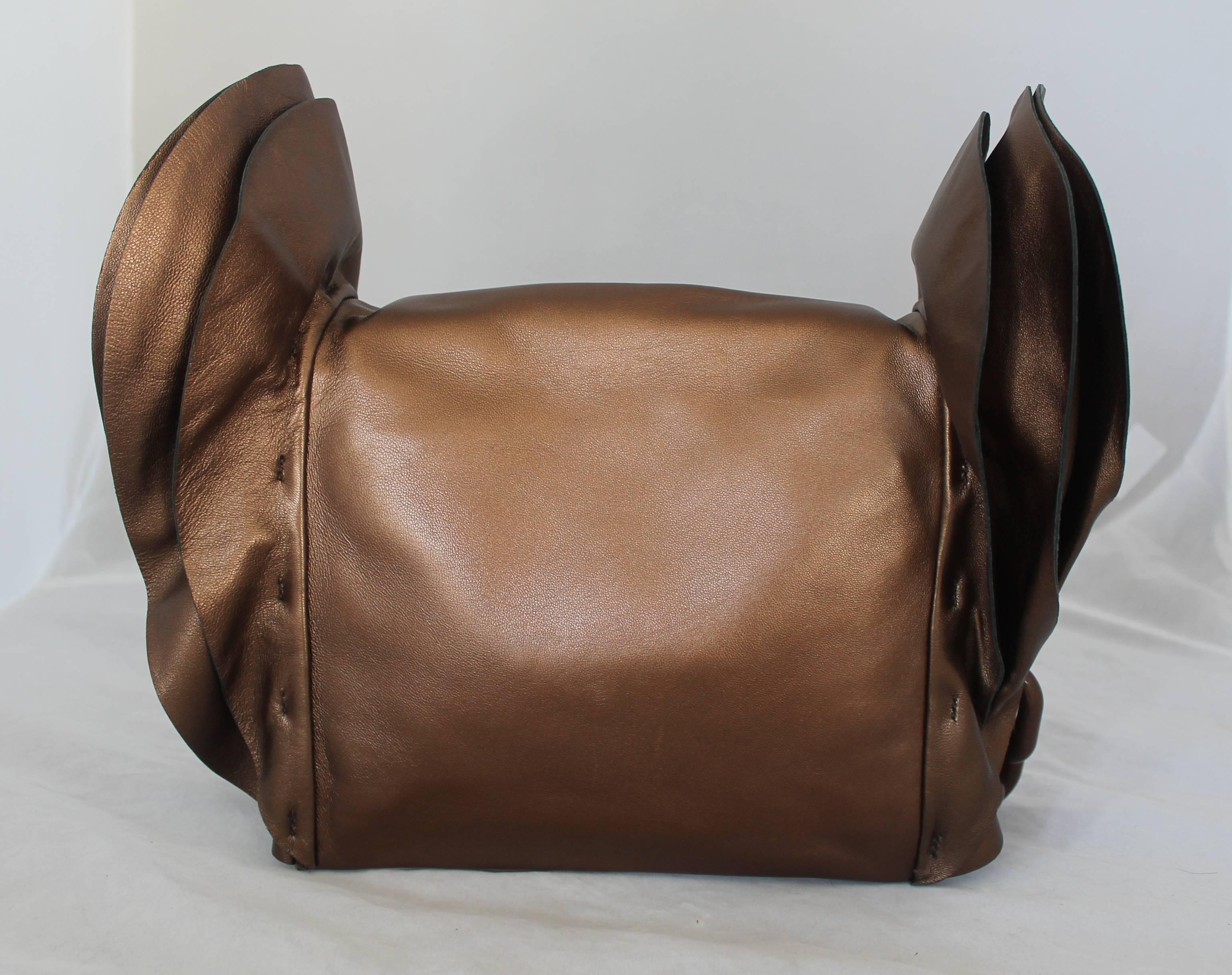 Prada Bronze Leather Handbag w/ Side Ruffles and Brown Glitter Enamel ...