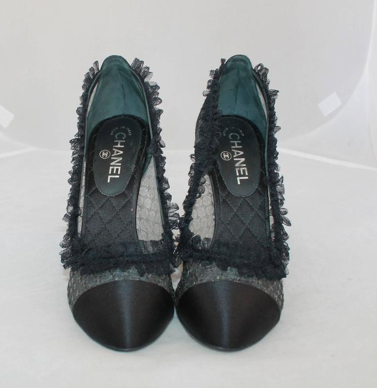 Chanel Black Sheer Lace and Satin Pump w/ Ruffle Lace Trim - 40 For ...