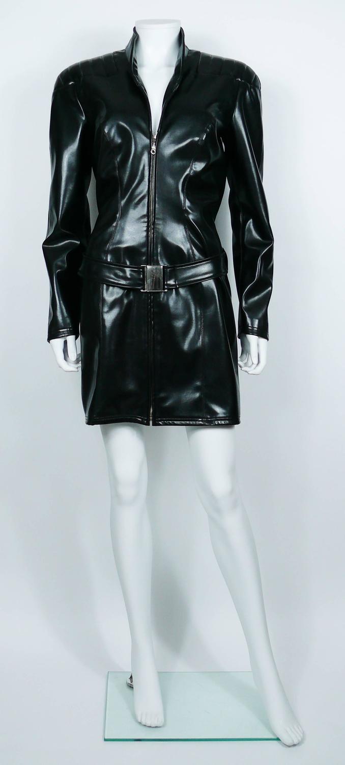 Thierry Mugler Vintage Black Rubber Belted Dress For Sale at 1stdibs
